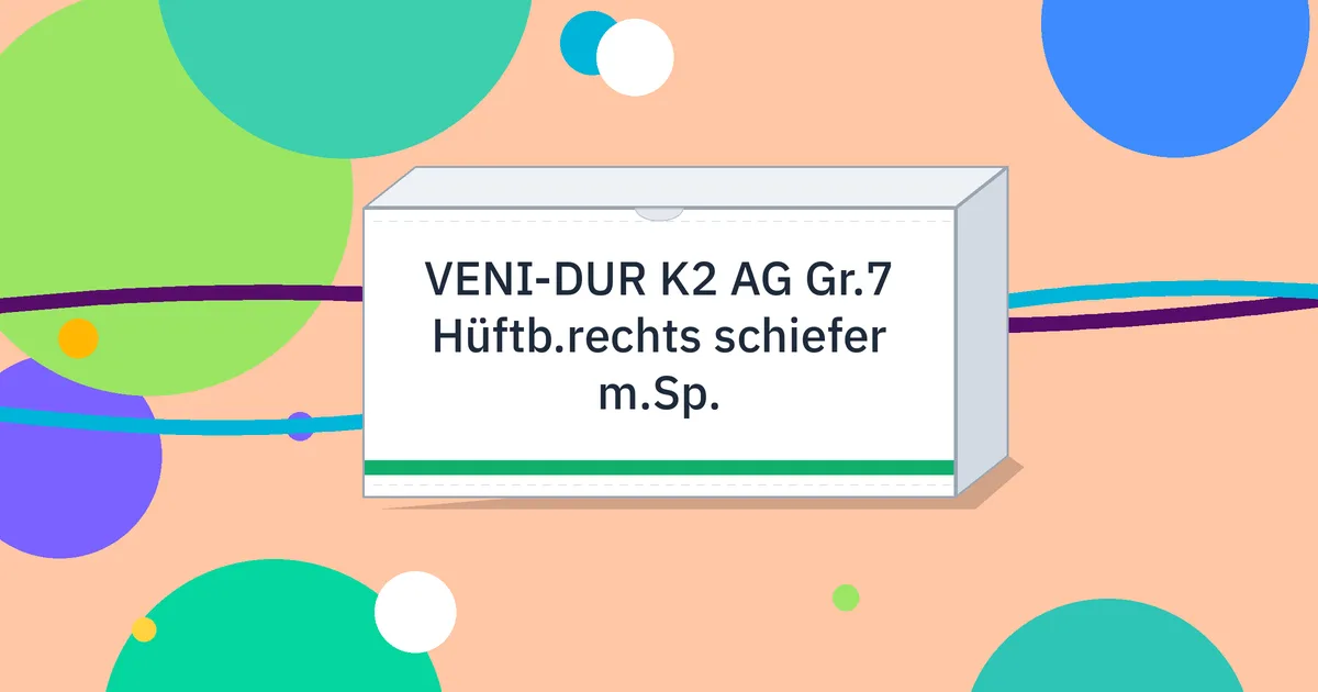 Symbolbild: Packung mit der Aufschrift VENI-DUR K2 AG Gr.7 Hüftb.rechts schiefer m.Sp. (PZN 03249800) – Verfügbarkeit und Bezug in Apotheken in Frankfurt am Main