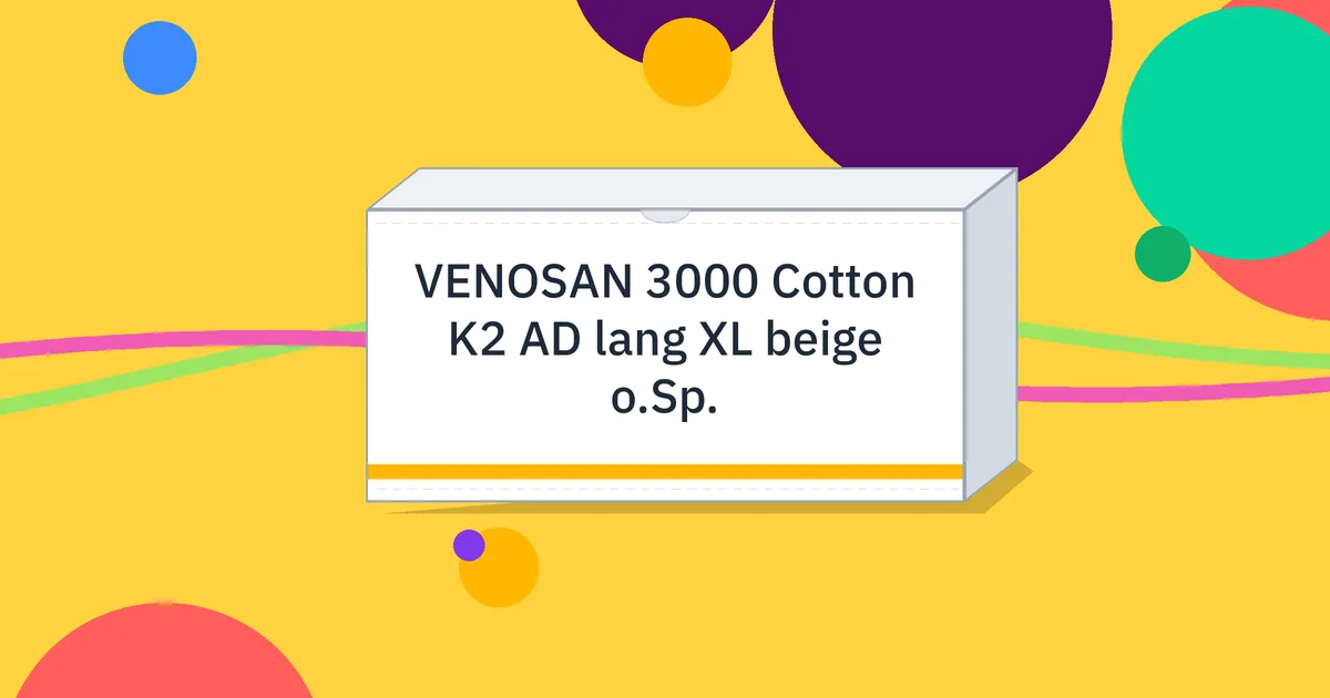 Symbolbild: Packung mit der Aufschrift VENOSAN 3000 Cotton K2 AD lang XL beige o.Sp. (PZN 14421165) – Verfügbarkeit und Bezug in Apotheken in Frankfurt am Main