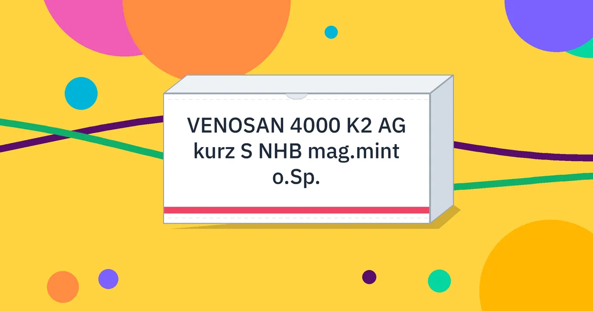 Symbolbild: Packung mit der Aufschrift VENOSAN 4000 K2 AG kurz S NHB mag.mint o.Sp. (PZN 19154332) – Verfügbarkeit und Bezug in Apotheken in Frankfurt am Main