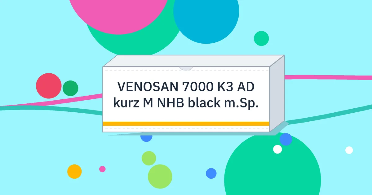 Symbolbild: Packung mit der Aufschrift VENOSAN 7000 K3 AD kurz M NHB black m.Sp. (PZN 14436439) – Verfügbarkeit und Bezug in Apotheken in Frankfurt am Main