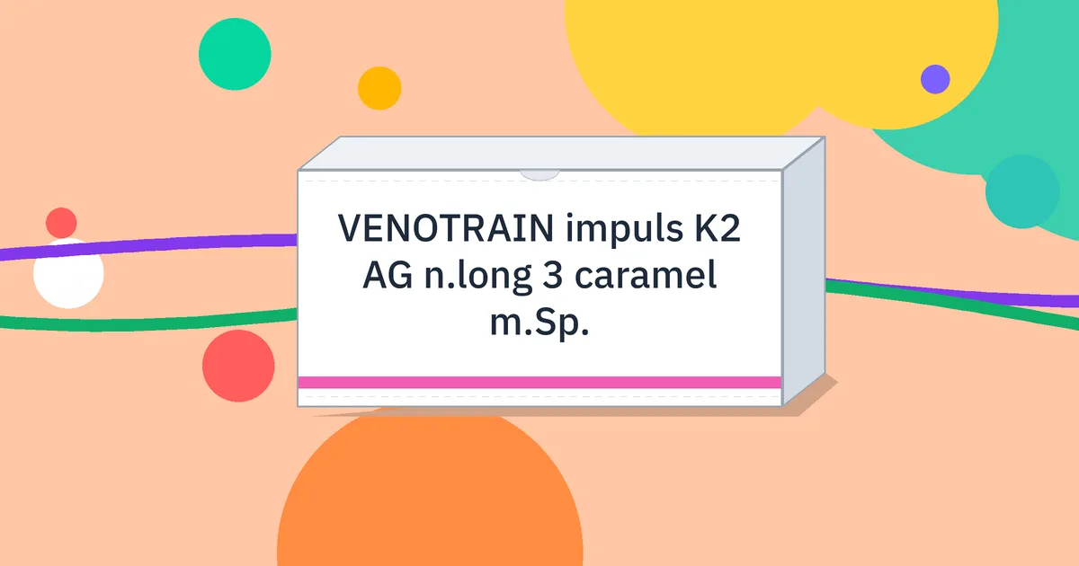 Symbolbild: Packung mit der Aufschrift VENOTRAIN impuls K2 AG n.long 3 caramel m.Sp. (PZN 00493451) – Verfügbarkeit und Bezug in Apotheken in Frankfurt am Main