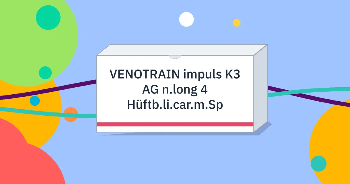 Symbolbild: Packung mit der Aufschrift VENOTRAIN impuls K3 AG n.long 4 Hüftb.li.car.m.Sp (PZN 10295344) – Verfügbarkeit und Bezug in Apotheken in Frankfurt am Main