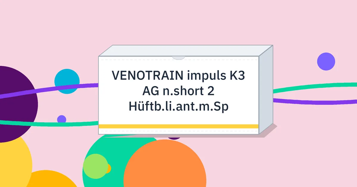 Symbolbild: Packung mit der Aufschrift VENOTRAIN impuls K3 AG n.short 2 Hüftb.li.ant.m.Sp (PZN 15220492) – Verfügbarkeit und Bezug in Apotheken in Frankfurt am Main