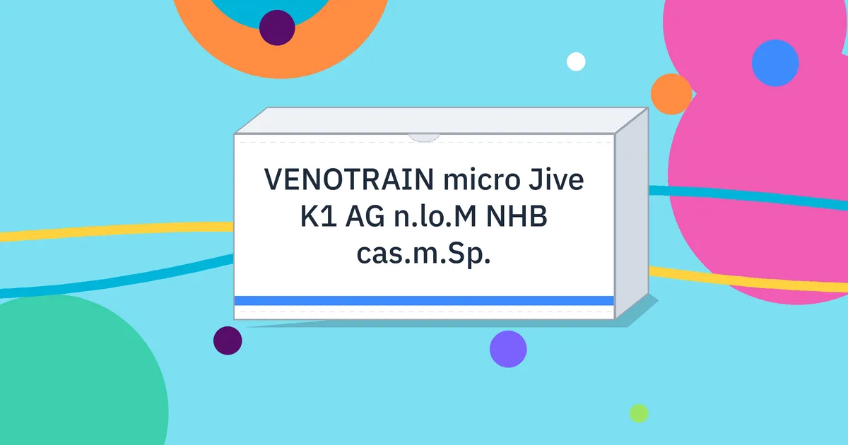 Symbolbild: Packung mit der Aufschrift VENOTRAIN micro Jive K1 AG n.lo.M NHB cas.m.Sp. (PZN 20767442) – Verfügbarkeit und Bezug in Apotheken in Frankfurt am Main