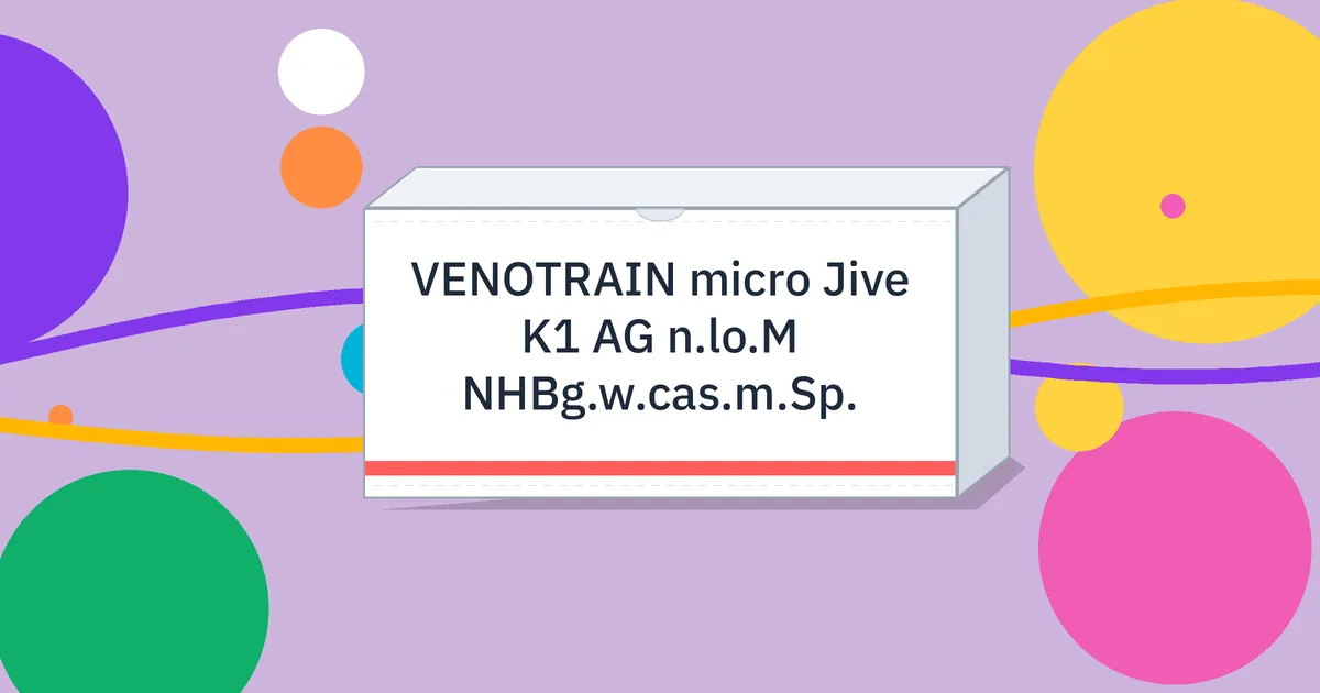 Symbolbild: Packung mit der Aufschrift VENOTRAIN micro Jive K1 AG n.lo.M NHBg.w.cas.m.Sp. (PZN 20767850) – Verfügbarkeit und Bezug in Apotheken in Frankfurt am Main