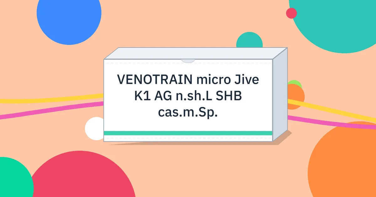 Symbolbild: Packung mit der Aufschrift VENOTRAIN micro Jive K1 AG n.sh.L SHB cas.m.Sp. (PZN 20767028) – Verfügbarkeit und Bezug in Apotheken in Frankfurt am Main