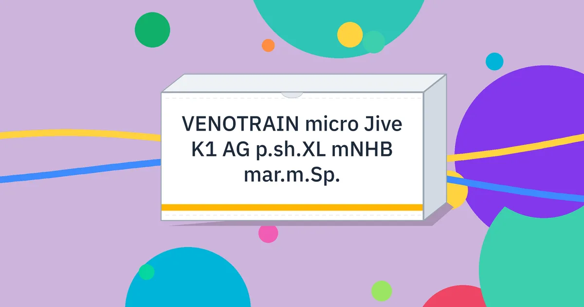Symbolbild: Packung mit der Aufschrift VENOTRAIN micro Jive K1 AG p.sh.XL mNHB mar.m.Sp. (PZN 17761890) – Verfügbarkeit und Bezug in Apotheken in Frankfurt am Main