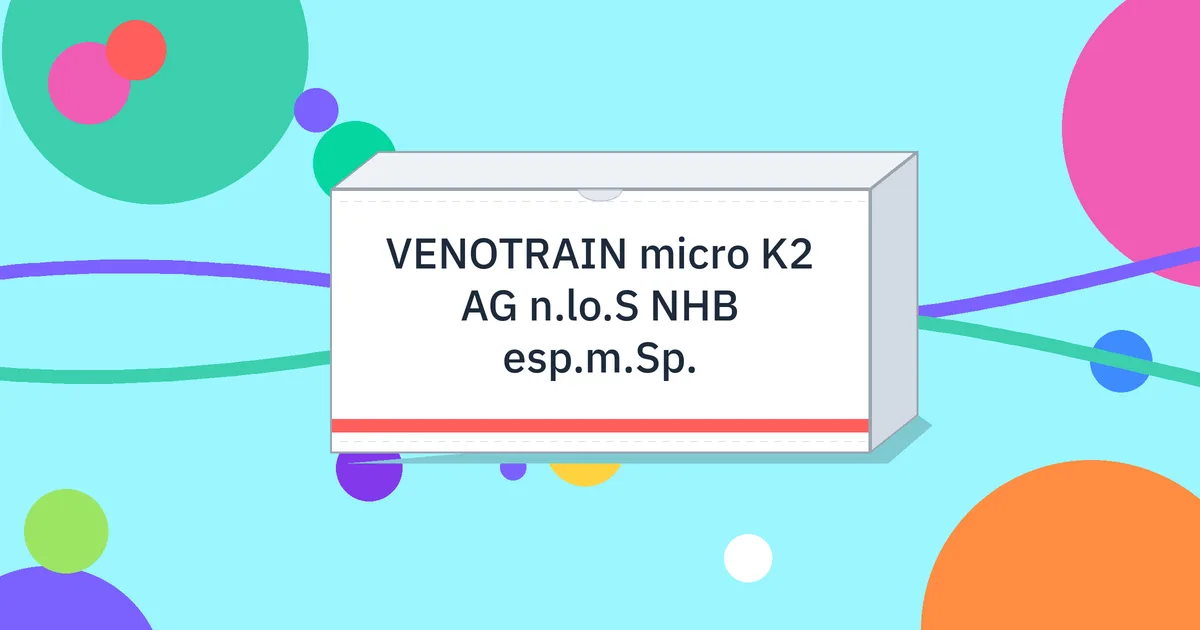 Symbolbild: Packung mit der Aufschrift VENOTRAIN micro K2 AG n.lo.S NHB esp.m.Sp. (PZN 06600669) – Verfügbarkeit und Bezug in Apotheken in Frankfurt am Main
