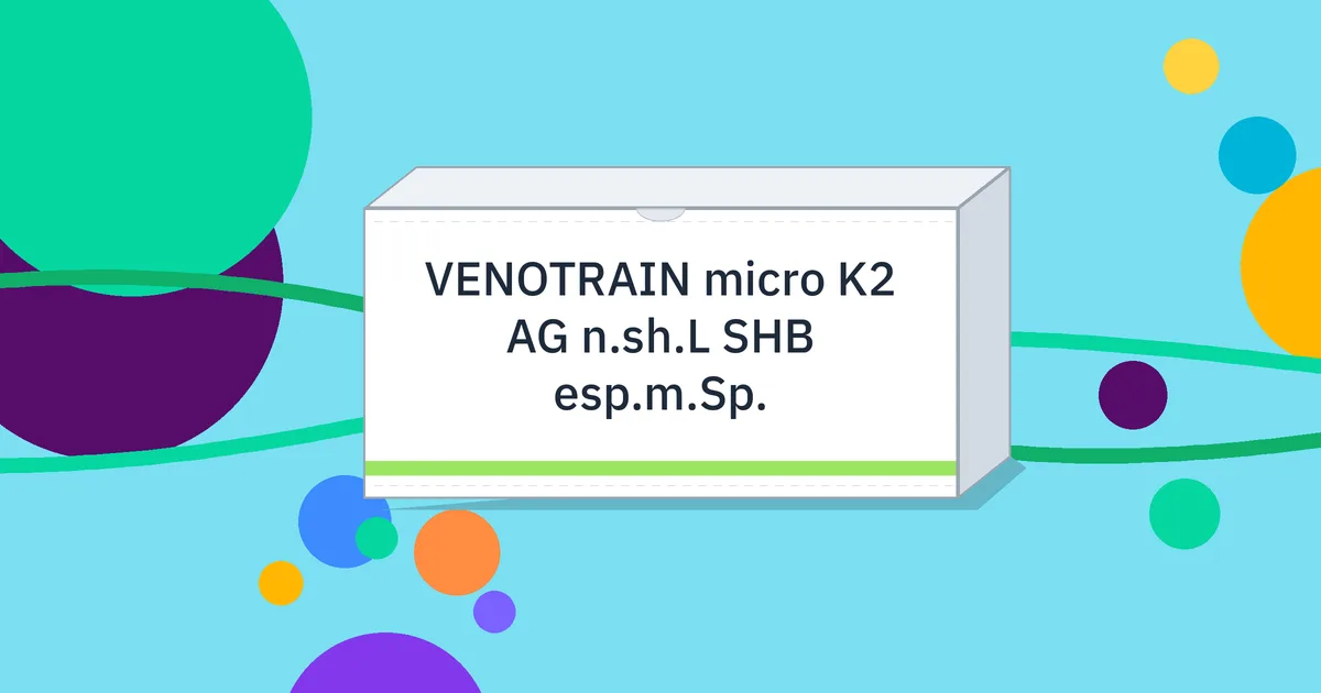 Symbolbild: Packung mit der Aufschrift VENOTRAIN micro K2 AG n.sh.L SHB esp.m.Sp. (PZN 06348193) – Verfügbarkeit und Bezug in Apotheken in Frankfurt am Main