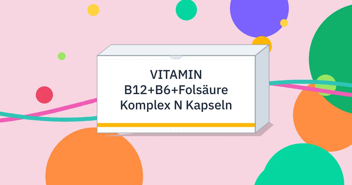 Symbolbild: Packung mit der Aufschrift VITAMIN B12+B6+Folsäure Komplex N Kapseln (PZN 00096514) – Verfügbarkeit und Bezug in Apotheken in Frankfurt am Main