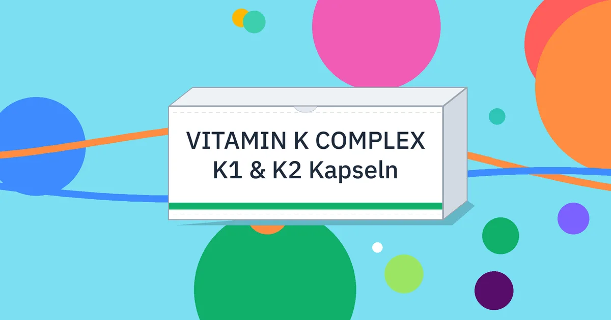 Symbolbild: Packung mit der Aufschrift VITAMIN K COMPLEX K1 & K2 Kapseln (PZN 14276237) – Verfügbarkeit und Bezug in Apotheken in Frankfurt am Main