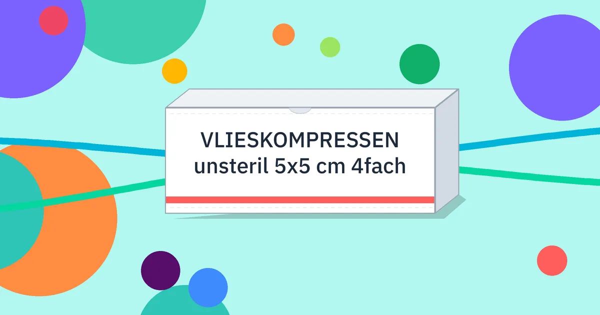 Symbolbild: Packung mit der Aufschrift VLIESKOMPRESSEN unsteril 5x5 cm 4fach (PZN 07280712) – Verfügbarkeit und Bezug in Apotheken in Frankfurt am Main