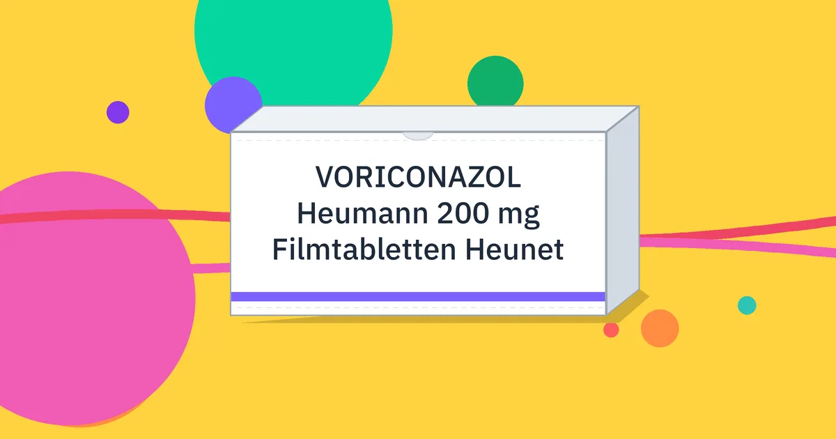 Symbolbild: Packung mit der Aufschrift VORICONAZOL Heumann 200 mg Filmtabletten Heunet (PZN 16196784) – Verfügbarkeit und Bezug in Apotheken in Frankfurt am Main