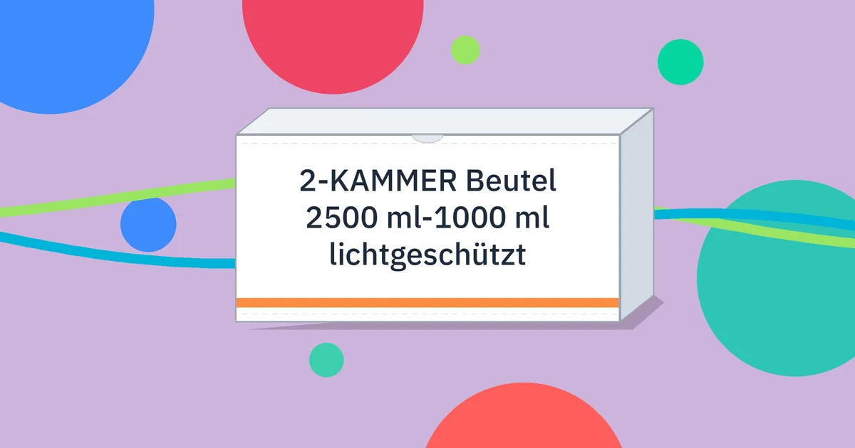 Symbolbild: Packung mit der Aufschrift 2-KAMMER Beutel 2500 ml-1000 ml lichtgeschützt (PZN 19986972) – Verfügbarkeit und Bezug in Apotheken in Frankfurt am Main