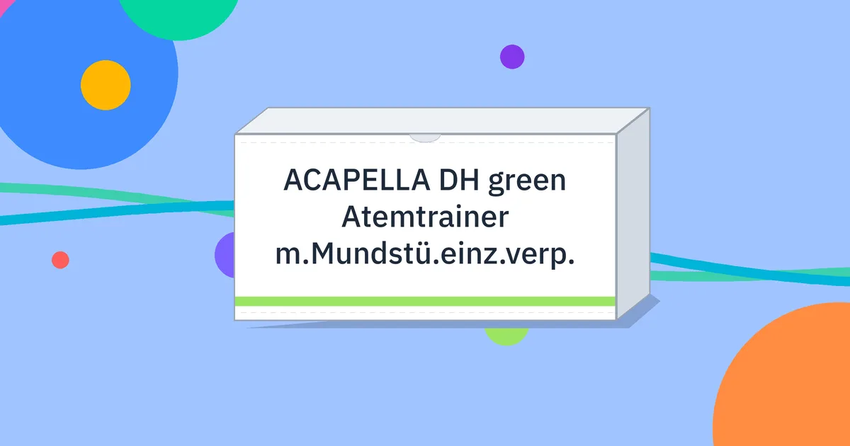 Symbolbild: Packung mit der Aufschrift ACAPELLA DH green Atemtrainer m.Mundstü.einz.verp. (PZN 12387642) – Verfügbarkeit und Bezug in Apotheken in Frankfurt am Main