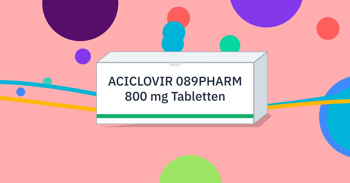 Symbolbild: Packung mit der Aufschrift ACICLOVIR 089PHARM 800 mg Tabletten (PZN 19397649) – Verfügbarkeit und Bezug in Apotheken in Frankfurt am Main