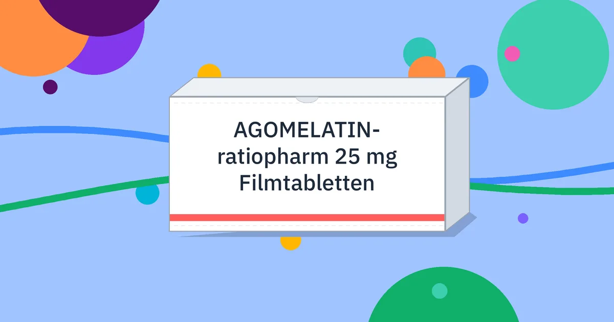 Symbolbild: Packung mit der Aufschrift AGOMELATIN-ratiopharm 25 mg Filmtabletten (PZN 14168542) – Verfügbarkeit und Bezug in Apotheken in Frankfurt am Main