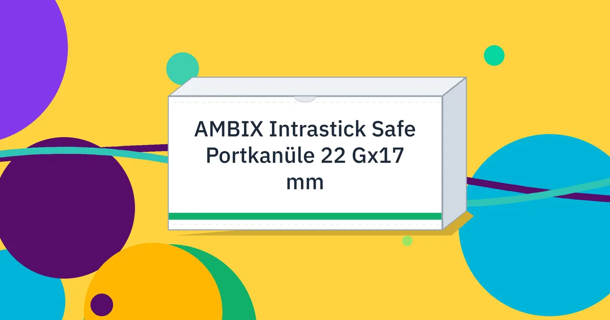Symbolbild: Packung mit der Aufschrift AMBIX Intrastick Safe Portkanüle 22 Gx17 mm (PZN 09619439) – Verfügbarkeit und Bezug in Apotheken in Frankfurt am Main