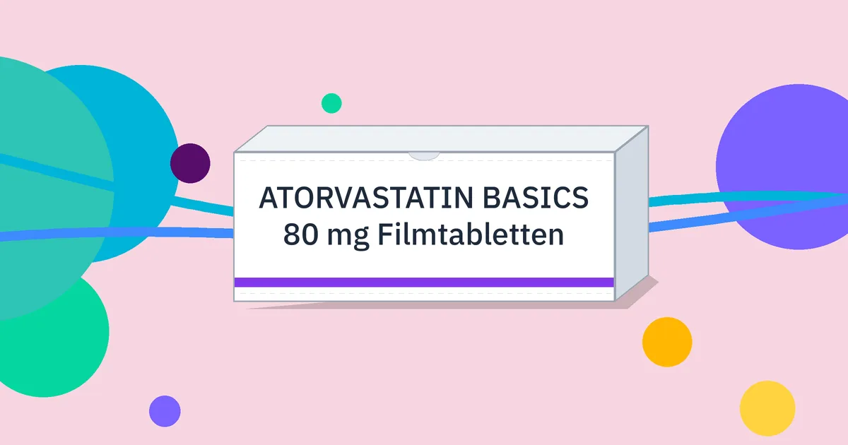 Symbolbild: Packung mit der Aufschrift ATORVASTATIN BASICS 80 mg Filmtabletten (PZN 00524329) – Verfügbarkeit und Bezug in Apotheken in Frankfurt am Main