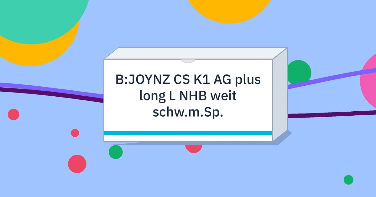 Symbolbild: Packung mit der Aufschrift B:JOYNZ CS K1 AG plus long L NHB weit schw.m.Sp. (PZN 20532265) – Verfügbarkeit und Bezug in Apotheken in Frankfurt am Main