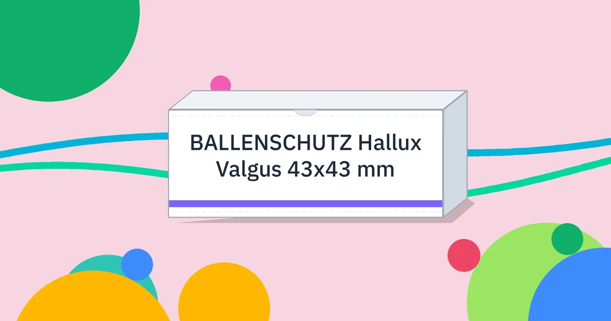 Symbolbild: Packung mit der Aufschrift BALLENSCHUTZ Hallux Valgus 43x43 mm (PZN 16624257) – Verfügbarkeit und Bezug in Apotheken in Frankfurt am Main