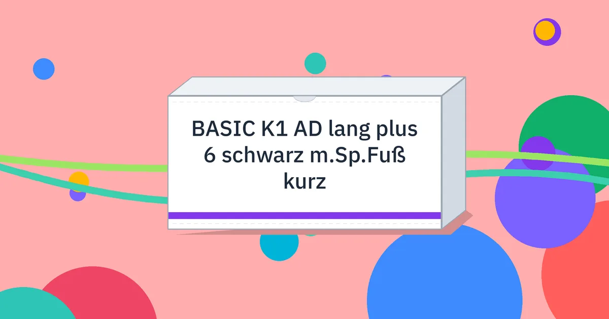 Symbolbild: Packung mit der Aufschrift BASIC K1 AD lang plus 6 schwarz m.Sp.Fuß kurz (PZN 20259125) – Verfügbarkeit und Bezug in Apotheken in Frankfurt am Main