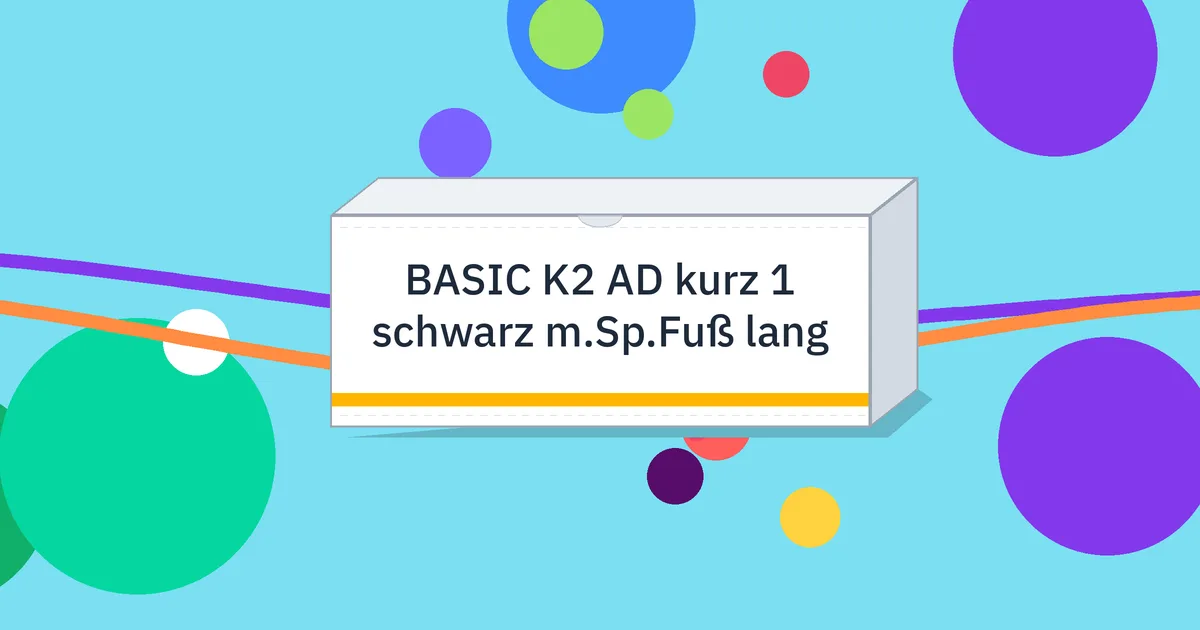 Symbolbild: Packung mit der Aufschrift BASIC K2 AD kurz 1 schwarz m.Sp.Fuß lang (PZN 20263434) – Verfügbarkeit und Bezug in Apotheken in Frankfurt am Main