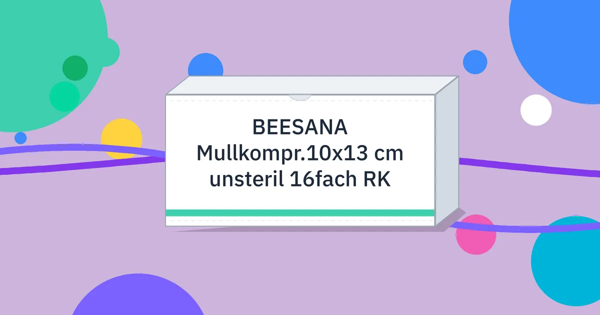 Symbolbild: Packung mit der Aufschrift BEESANA Mullkompr.10x13 cm unsteril 16fach RK (PZN 12348665) – Verfügbarkeit und Bezug in Apotheken in Frankfurt am Main