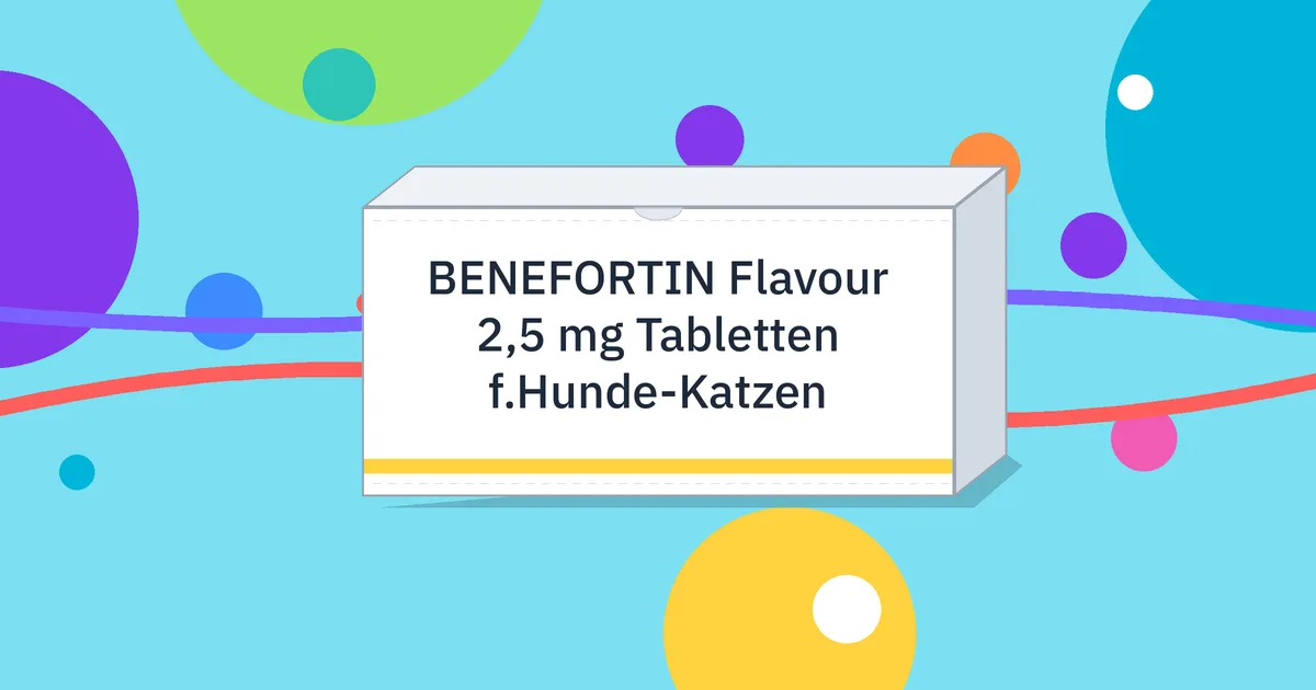 Symbolbild: Packung mit der Aufschrift BENEFORTIN Flavour 2,5 mg Tabletten f.Hunde-Katzen (PZN 09631825) – Verfügbarkeit und Bezug in Apotheken in Frankfurt am Main