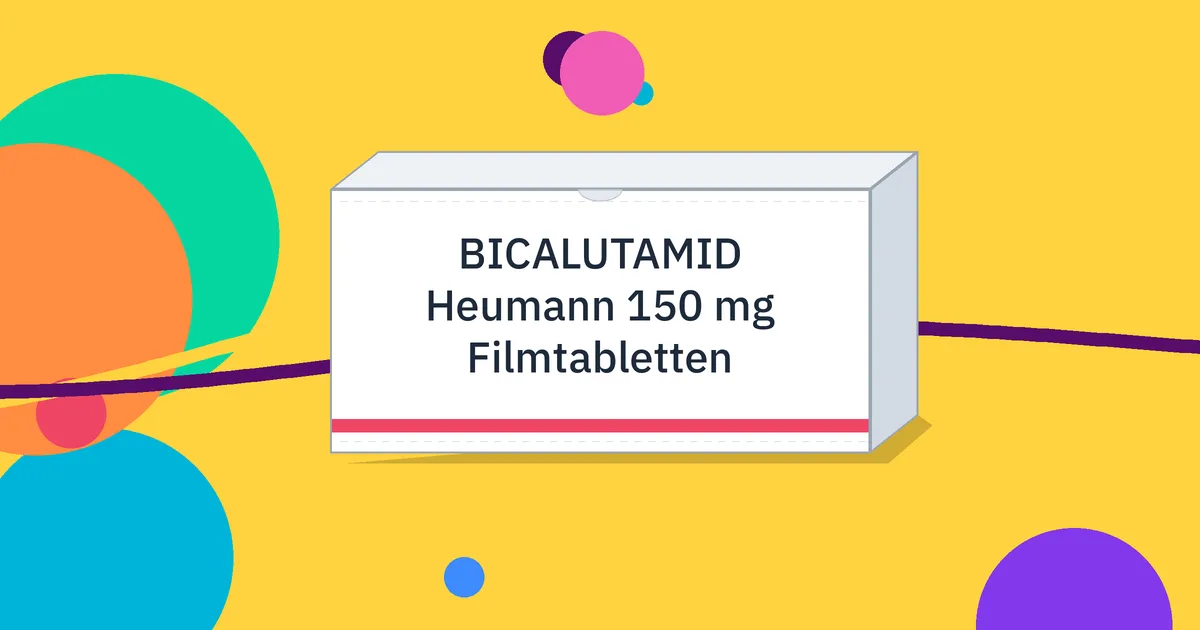 Symbolbild: Packung mit der Aufschrift BICALUTAMID Heumann 150 mg Filmtabletten (PZN 01897400) – Verfügbarkeit und Bezug in Apotheken in Frankfurt am Main