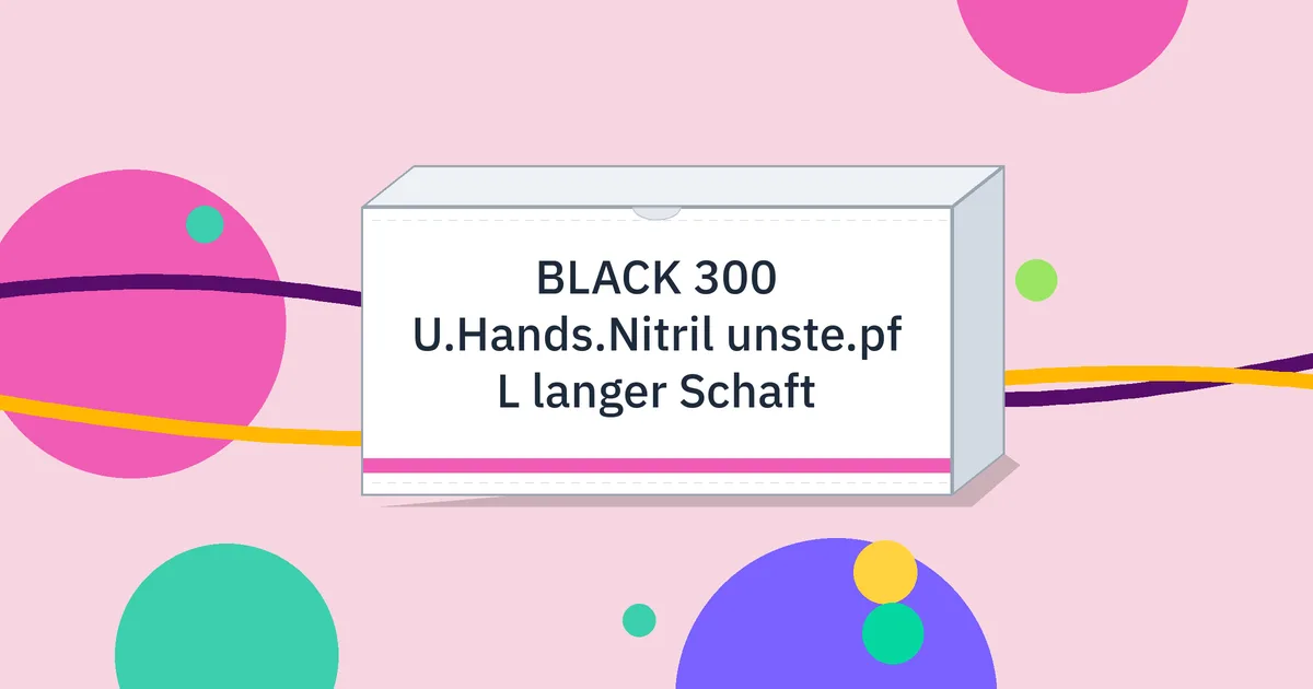Symbolbild: Packung mit der Aufschrift BLACK 300 U.Hands.Nitril unste.pf L langer Schaft (PZN 18471906) – Verfügbarkeit und Bezug in Apotheken in Frankfurt am Main