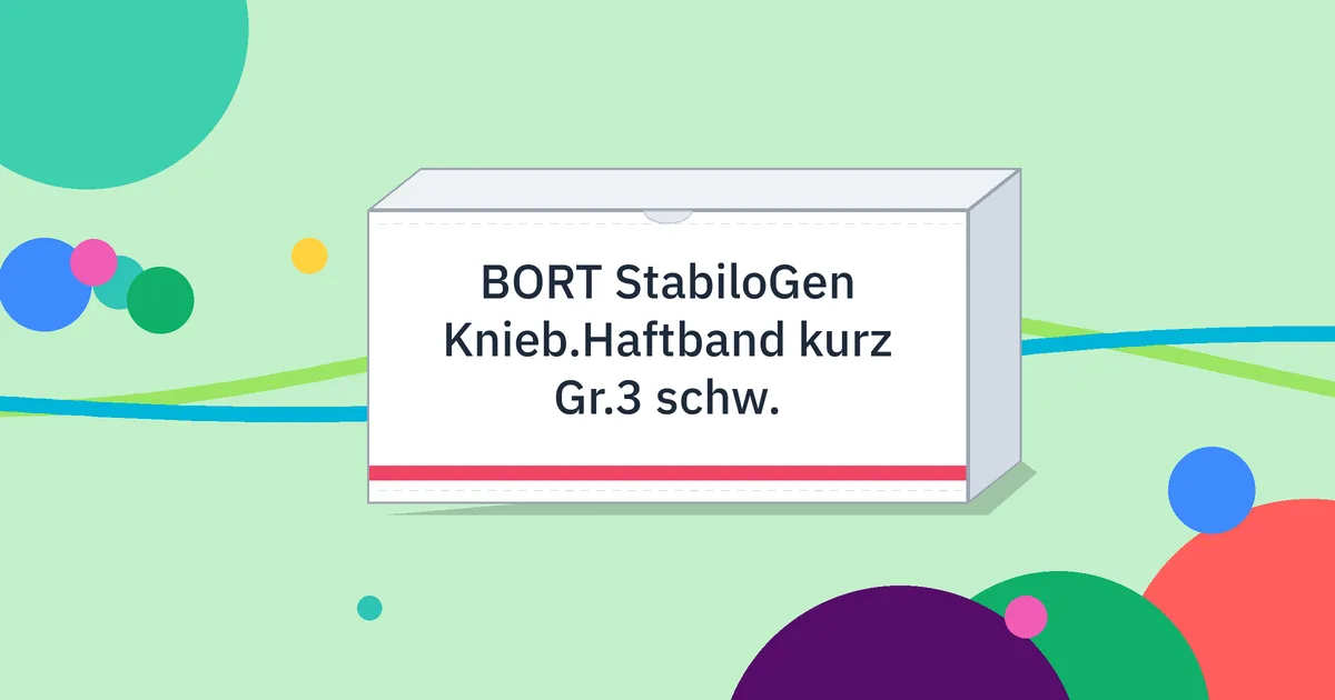 Symbolbild: Packung mit der Aufschrift BORT StabiloGen Knieb.Haftband kurz Gr.3 schw. (PZN 19634782) – Verfügbarkeit und Bezug in Apotheken in Frankfurt am Main