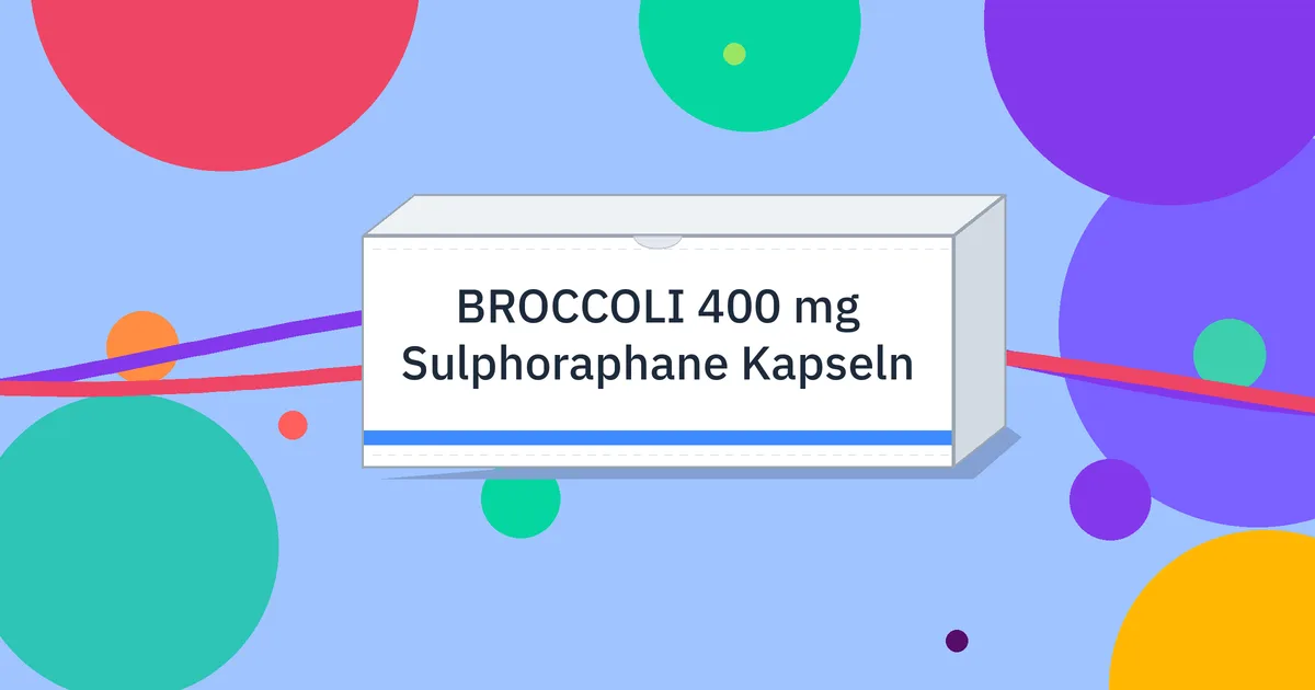 Symbolbild: Packung mit der Aufschrift BROCCOLI 400 mg Sulphoraphane Kapseln (PZN 19640788) – Verfügbarkeit und Bezug in Apotheken in Frankfurt am Main