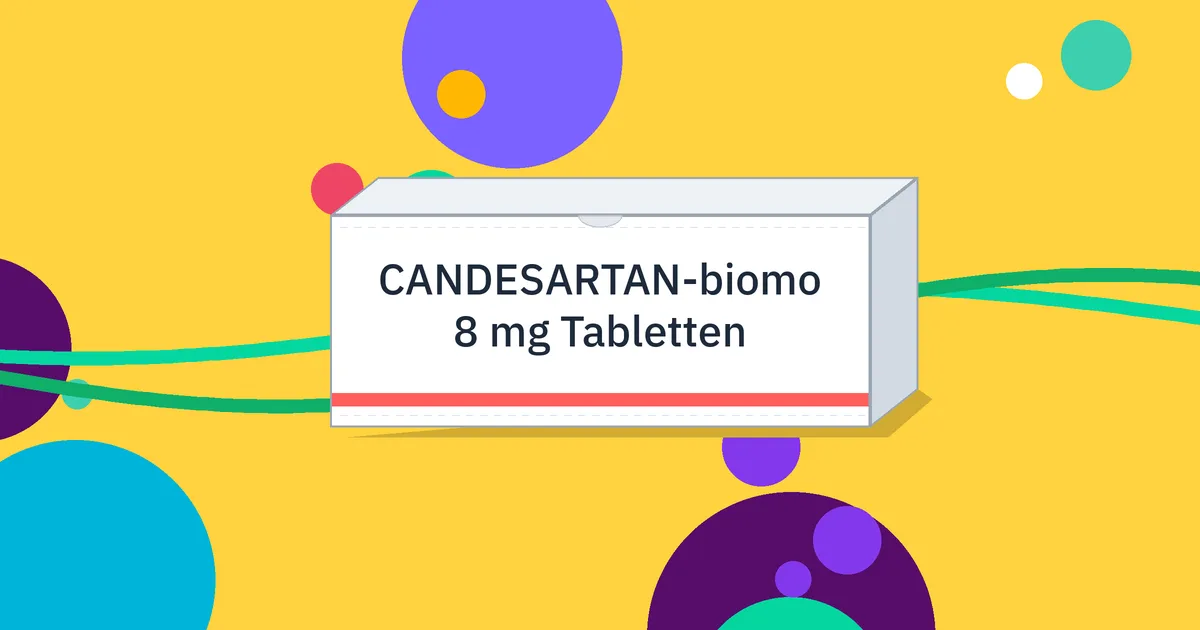 Symbolbild: Packung mit der Aufschrift CANDESARTAN-biomo 8 mg Tabletten (PZN 09474946) – Verfügbarkeit und Bezug in Apotheken in Frankfurt am Main