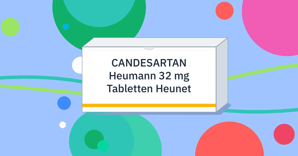 Symbolbild: Packung mit der Aufschrift CANDESARTAN Heumann 32 mg Tabletten Heunet (PZN 14211574) – Verfügbarkeit und Bezug in Apotheken in Frankfurt am Main