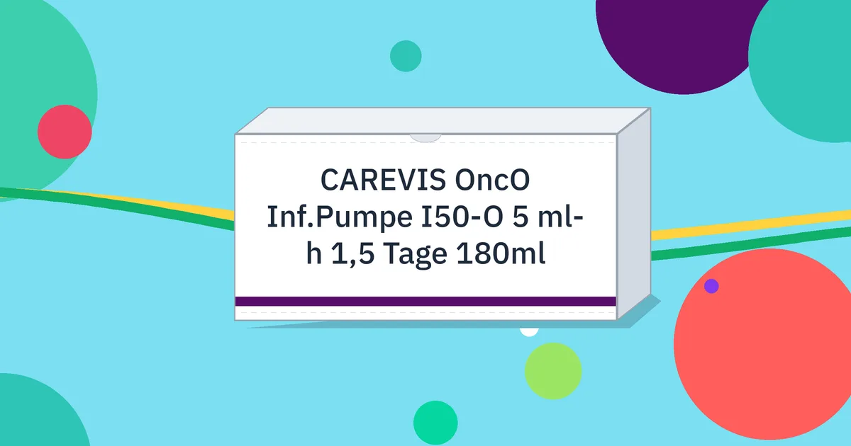 Symbolbild: Packung mit der Aufschrift CAREVIS OncO Inf.Pumpe I50-O 5 ml-h 1,5 Tage 180ml (PZN 20358092) – Verfügbarkeit und Bezug in Apotheken in Frankfurt am Main
