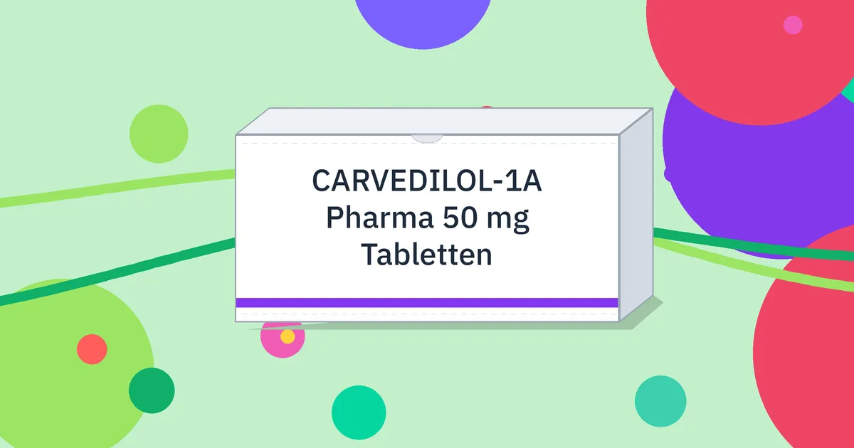 Symbolbild: Packung mit der Aufschrift CARVEDILOL-1A Pharma 50 mg Tabletten (PZN 00917589) – Verfügbarkeit und Bezug in Apotheken in Frankfurt am Main