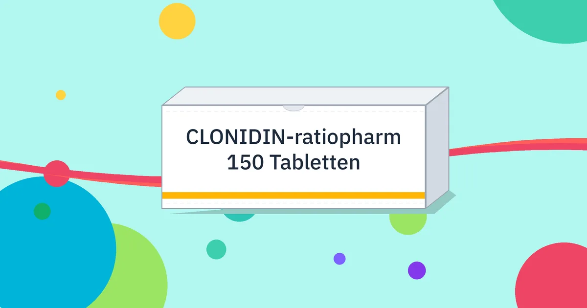 Symbolbild: Packung mit der Aufschrift CLONIDIN-ratiopharm 150 Tabletten (PZN 09722723) – Verfügbarkeit und Bezug in Apotheken in Frankfurt am Main