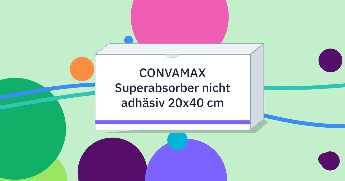 Symbolbild: Packung mit der Aufschrift CONVAMAX Superabsorber nicht adhäsiv 20x40 cm (PZN 18411181) – Verfügbarkeit und Bezug in Apotheken in Frankfurt am Main