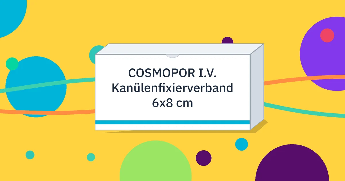 Symbolbild: Packung mit der Aufschrift COSMOPOR I.V. Kanülenfixierverband 6x8 cm (PZN 19787913) – Verfügbarkeit und Bezug in Apotheken in Frankfurt am Main