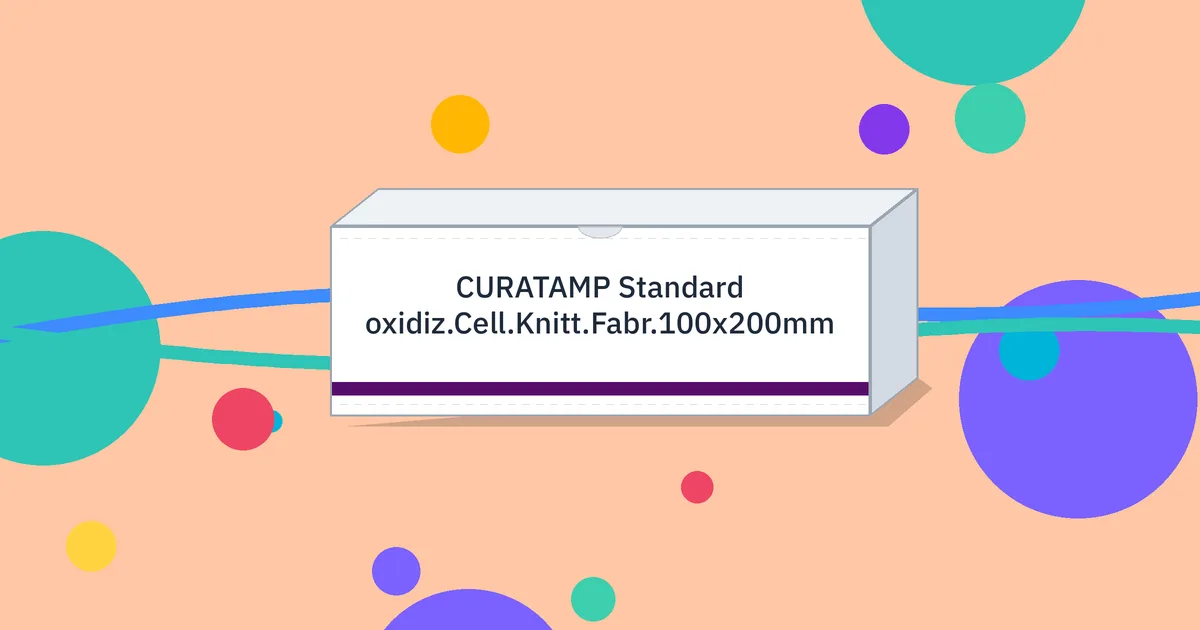 Symbolbild: Packung mit der Aufschrift CURATAMP Standard oxidiz.Cell.Knitt.Fabr.100x200mm (PZN 16211101) – Verfügbarkeit und Bezug in Apotheken in Frankfurt am Main