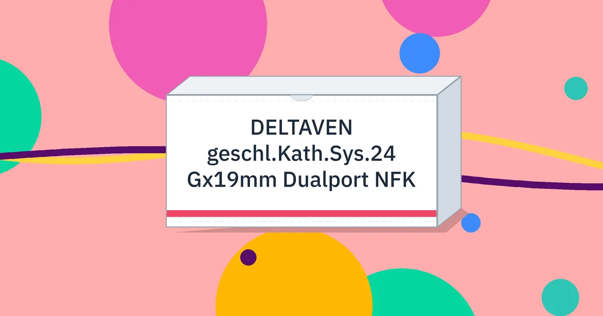 Symbolbild: Packung mit der Aufschrift DELTAVEN geschl.Kath.Sys.24 Gx19mm Dualport NFK (PZN 13977682) – Verfügbarkeit und Bezug in Apotheken in Frankfurt am Main