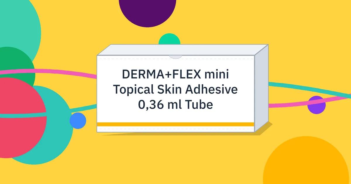 Symbolbild: Packung mit der Aufschrift DERMA+FLEX mini Topical Skin Adhesive 0,36 ml Tube (PZN 20387320) – Verfügbarkeit und Bezug in Apotheken in Frankfurt am Main