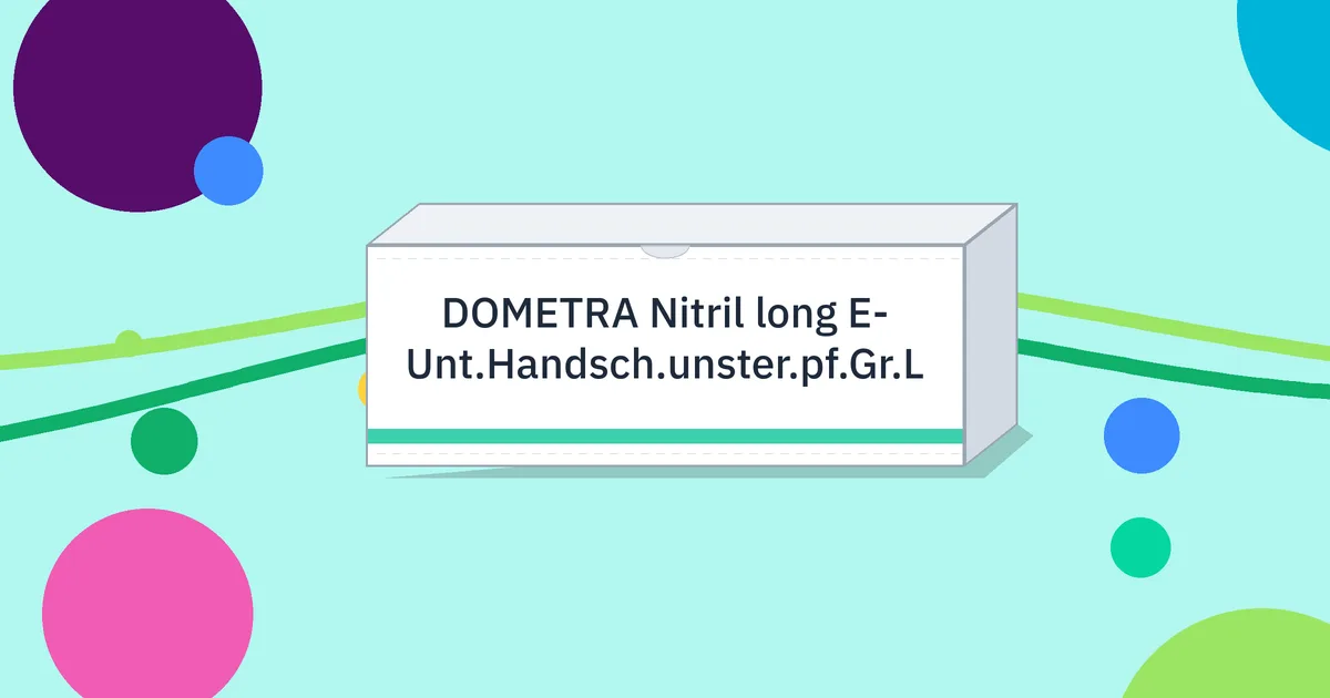 Symbolbild: Packung mit der Aufschrift DOMETRA Nitril long E-Unt.Handsch.unster.pf.Gr.L (PZN 12455711) – Verfügbarkeit und Bezug in Apotheken in Frankfurt am Main