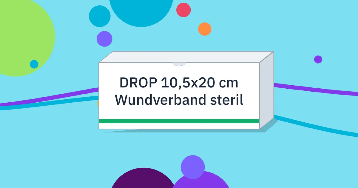 Symbolbild: Packung mit der Aufschrift DROP 10,5x20 cm Wundverband steril (PZN 20111718) – Verfügbarkeit und Bezug in Apotheken in Frankfurt am Main