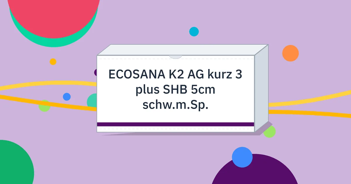 Symbolbild: Packung mit der Aufschrift ECOSANA K2 AG kurz 3 plus SHB 5cm schw.m.Sp. (PZN 01413750) – Verfügbarkeit und Bezug in Apotheken in Frankfurt am Main