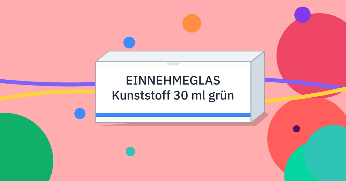 Symbolbild: Packung mit der Aufschrift EINNEHMEGLAS Kunststoff 30 ml grün (PZN 19514003) – Verfügbarkeit und Bezug in Apotheken in Frankfurt am Main