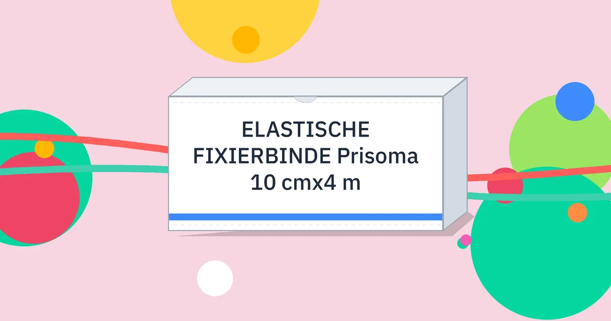 Symbolbild: Packung mit der Aufschrift ELASTISCHE FIXIERBINDE Prisoma 10 cmx4 m (PZN 19765432) – Verfügbarkeit und Bezug in Apotheken in Frankfurt am Main