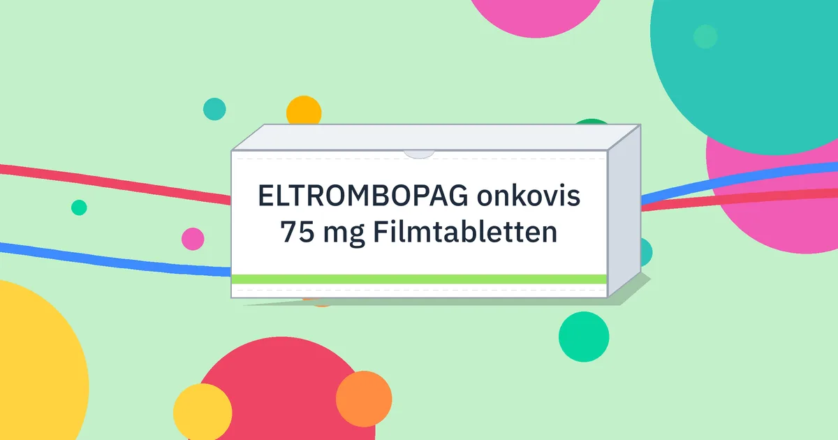 Symbolbild: Packung mit der Aufschrift ELTROMBOPAG onkovis 75 mg Filmtabletten (PZN 19859386) – Verfügbarkeit und Bezug in Apotheken in Frankfurt am Main
