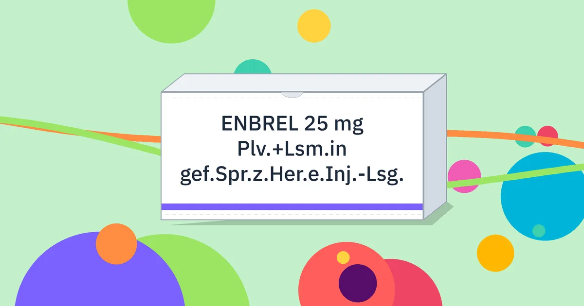 Symbolbild: Packung mit der Aufschrift ENBREL 25 mg Plv.+Lsm.in gef.Spr.z.Her.e.Inj.-Lsg. (PZN 01189991) – Verfügbarkeit und Bezug in Apotheken in Frankfurt am Main